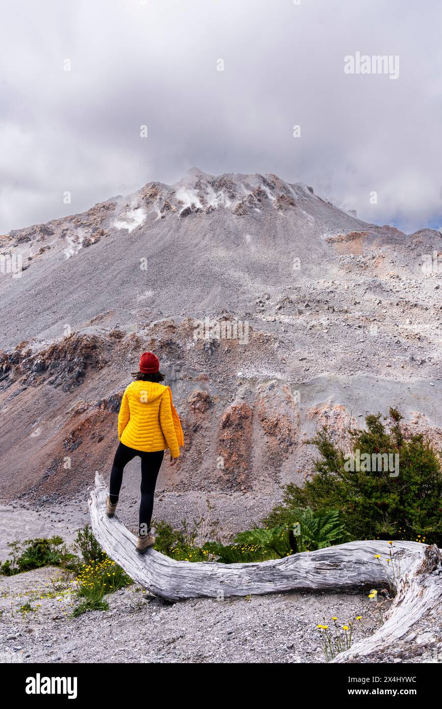 Young woman in yellow jacket standing in front of a volcano, Chaiten ...