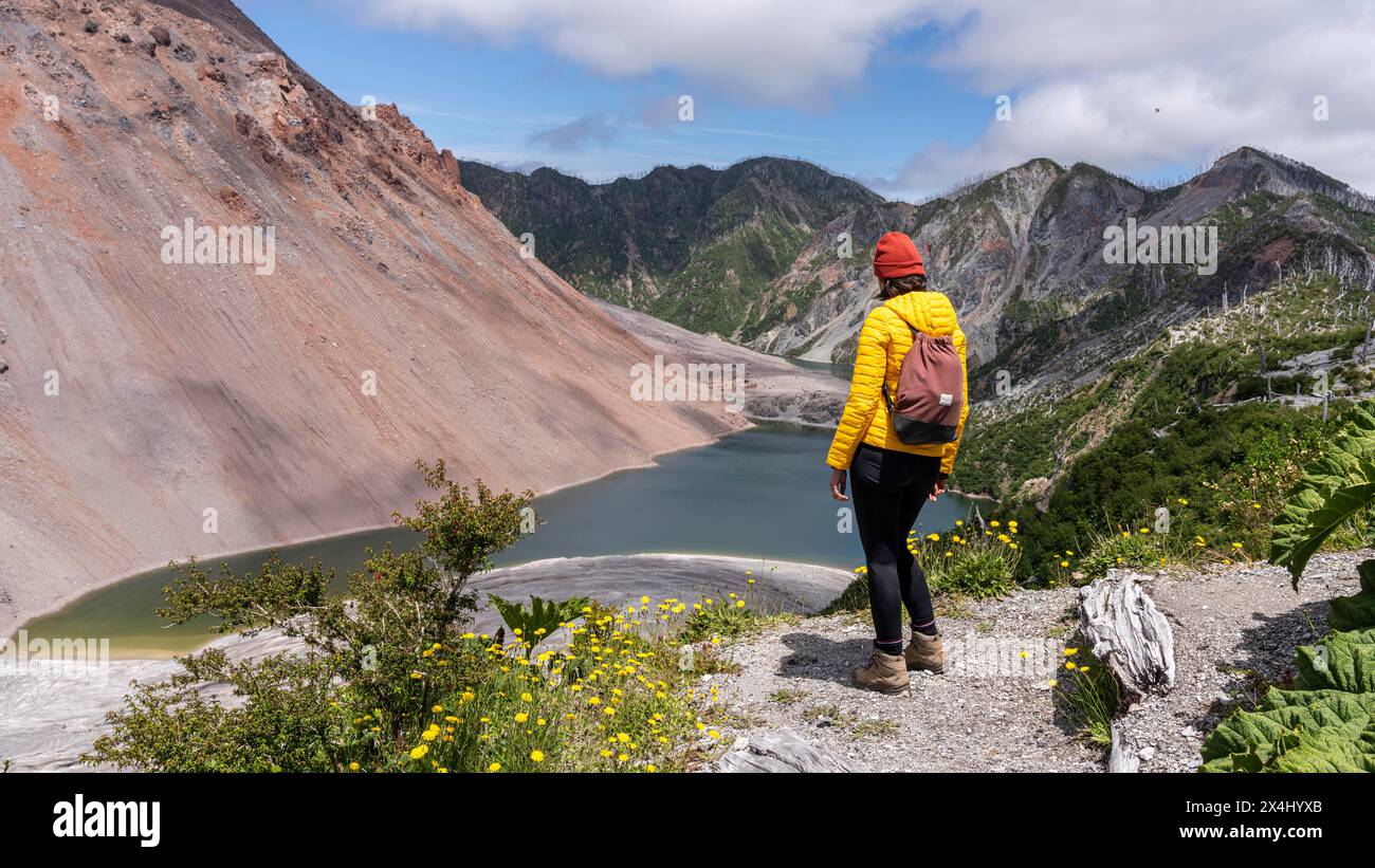 Young woman in yellow jacket standing in front of a volcano, Chaiten ...