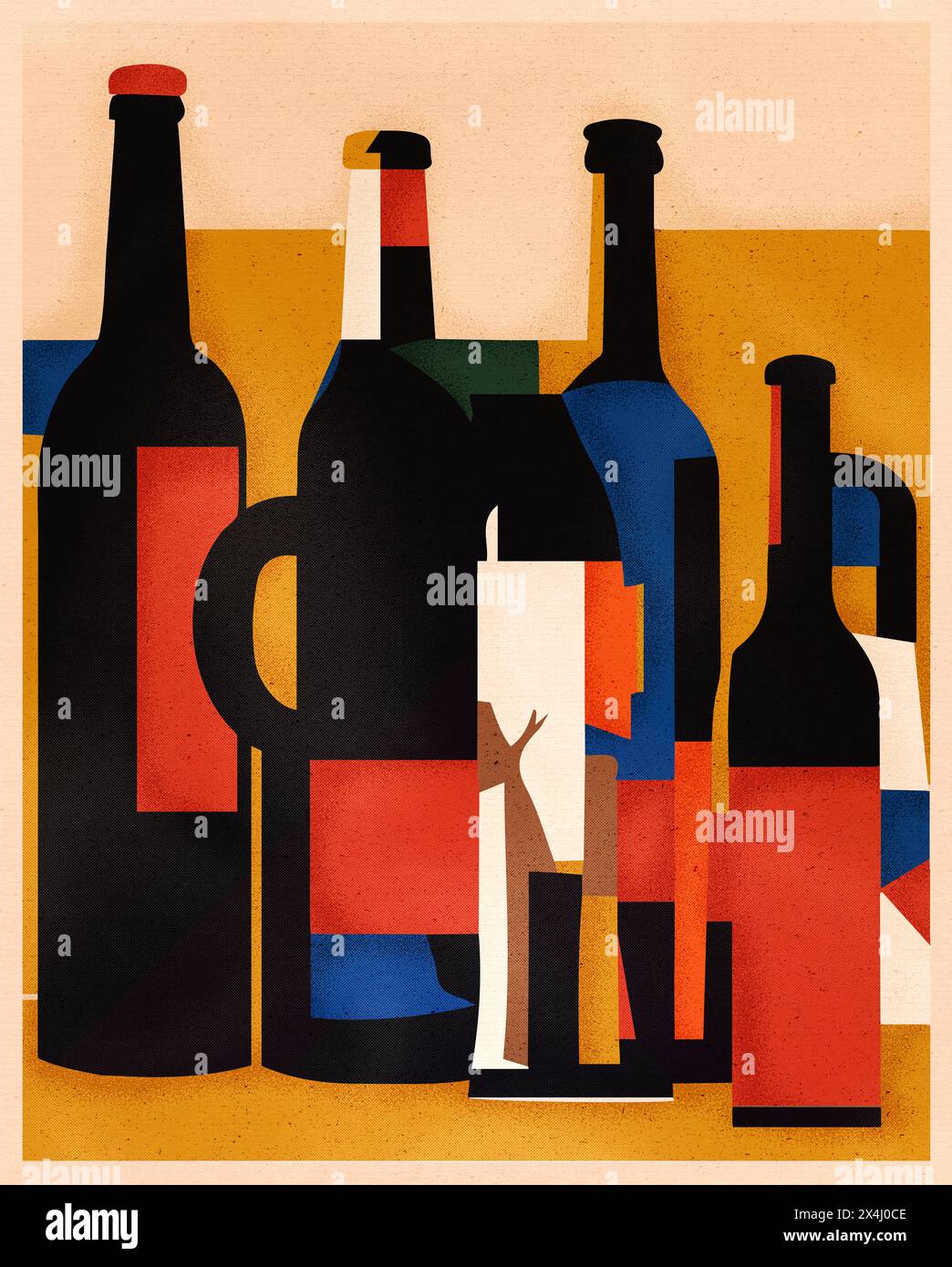 An illustration of wine bottles, poster, mid-century modern style Stock ...