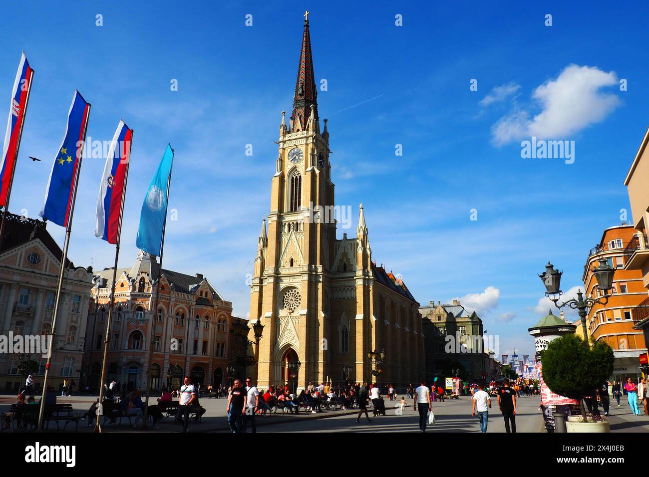 Freedom Square, Novi Sad, Serbia, April 30, 2022. People walk along the ...