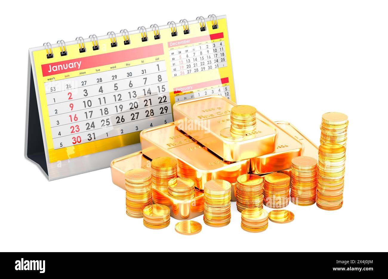 Desk calendar with gold bars and golden coins, 3D rendering isolated on ...