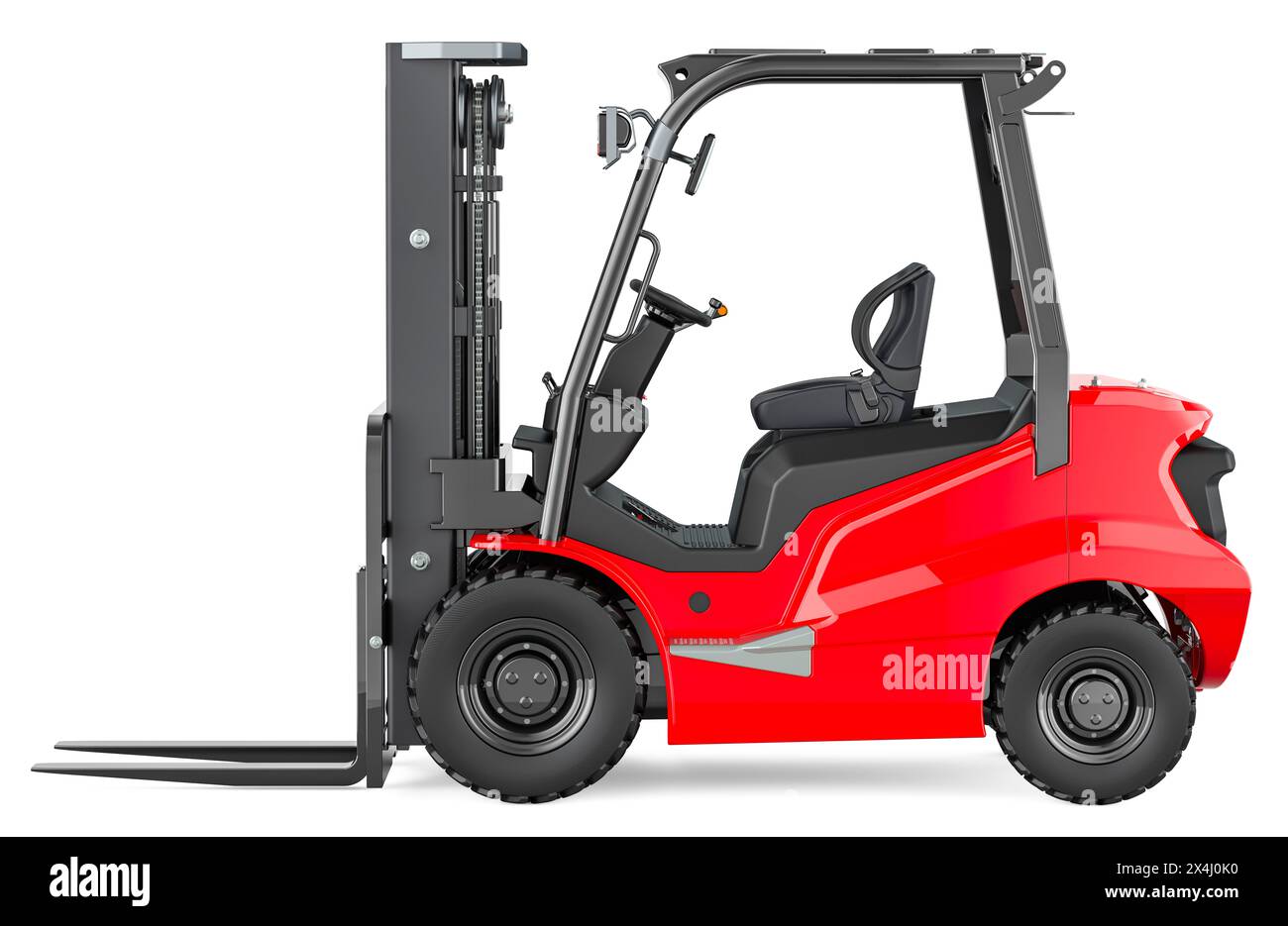 Warehouse forklift truck, side view. Red color. 3D rendering isolated ...