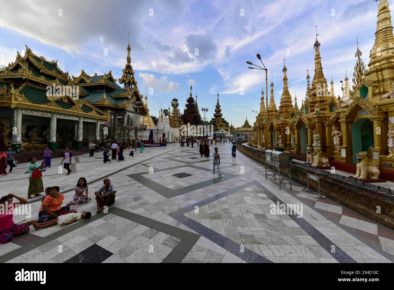 Pilgrims in the Shwedagon Pagoda, Yangon, Myanmar, Asia, Panoramic view ...