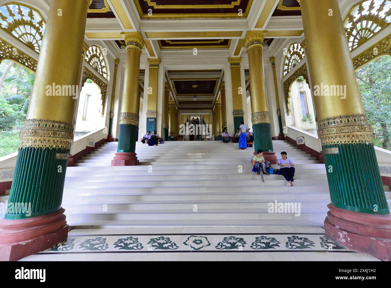 Entrance area, Shwedagon Pagoda, Yangon, Myanmar, Asia, Wide view through the interior of a ...