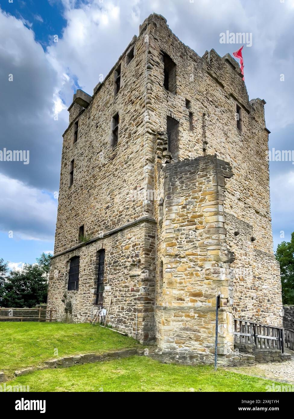 Historic ruins of Romanesque residential tower of former moated castle ...