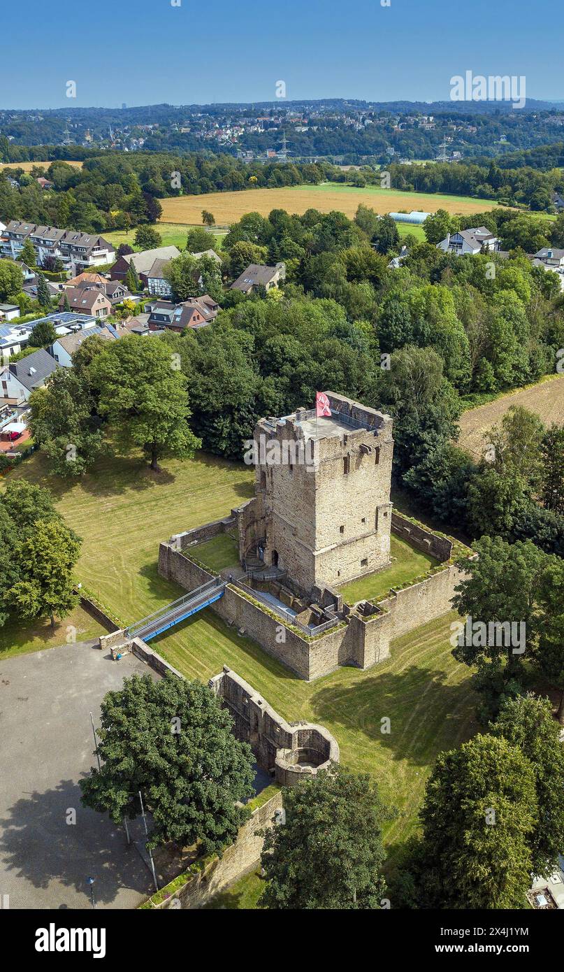 Aerial view of historic ruins of former moated castle from the 12th ...