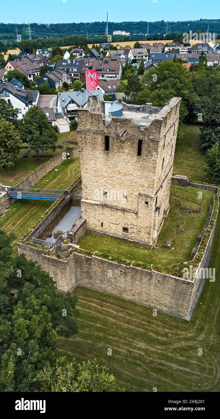Aerial view of historic ruins of former moated castle with 12th century ...