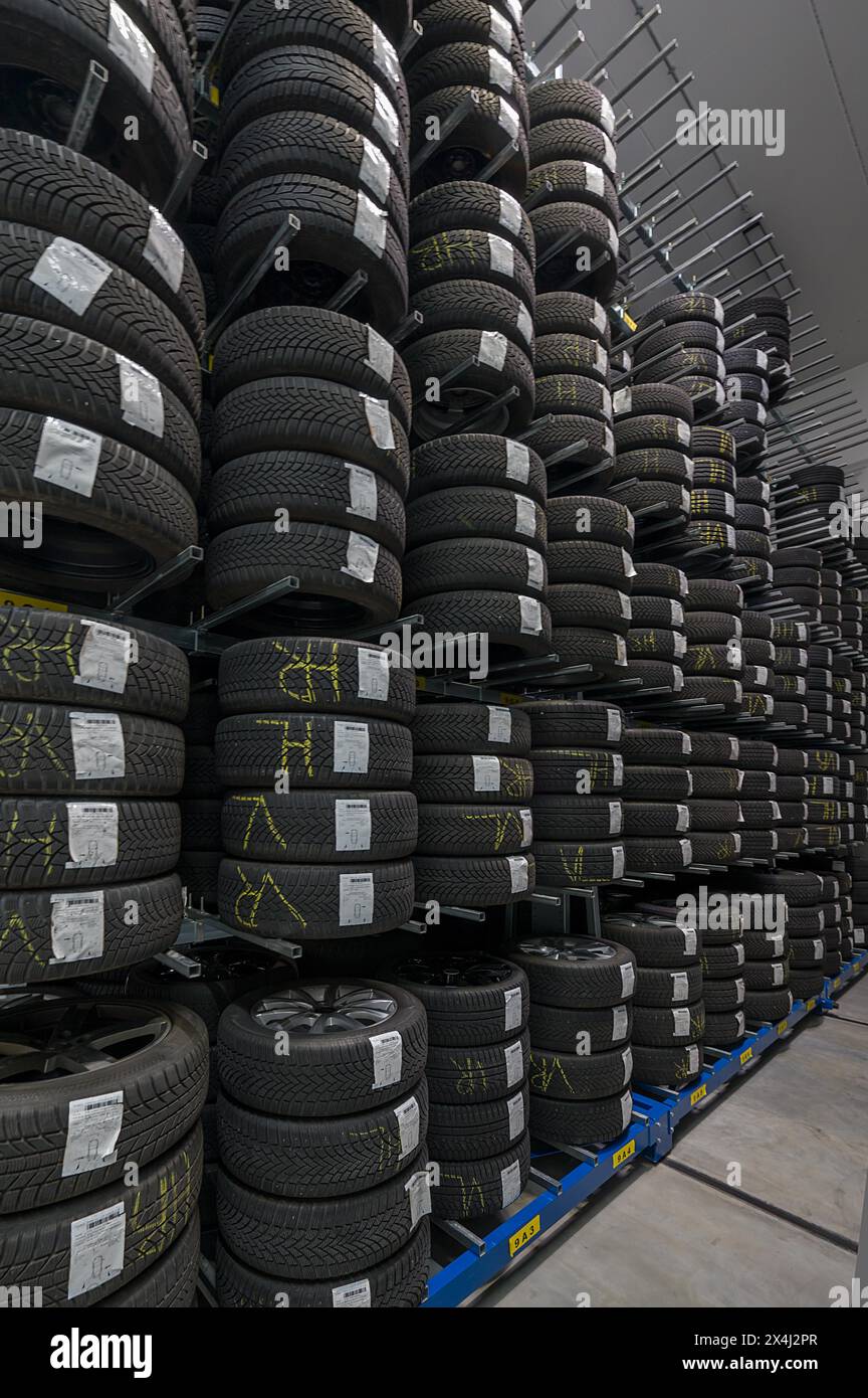 Modern tyre warehouse, storage of customer tyres, Bavaria, Germany ...