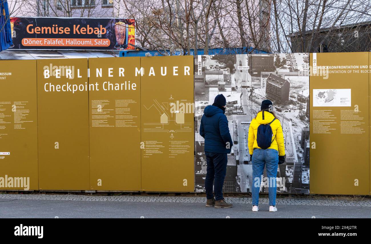 Information board and building of the Mauermuseum at Checkpoint Charlie ...