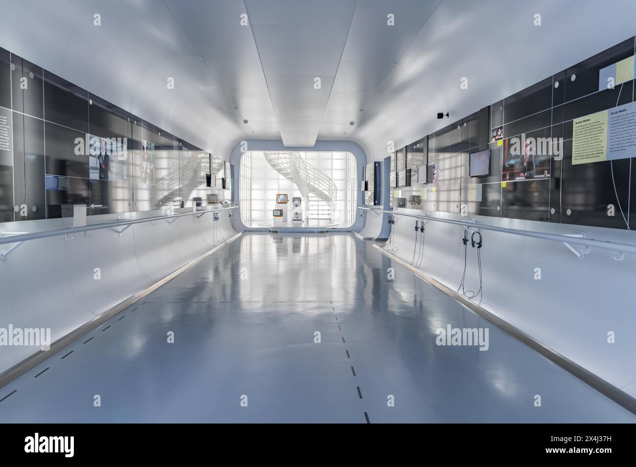 Futuristic interior of a modern building with white corridor, Deutsche ...