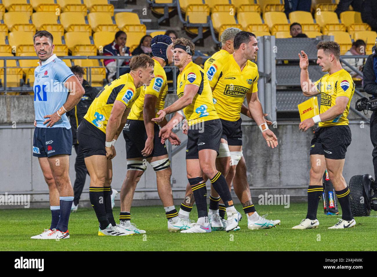 Wellington, New Zealand, 3 May, 2024. The Hurricanes celebrate Devan ...