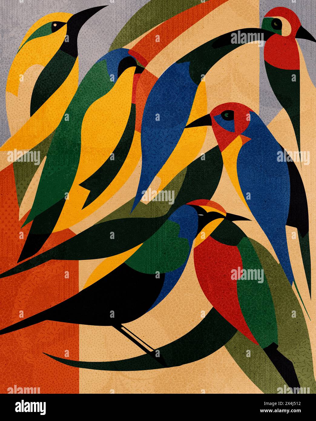 A group of colorful birds sitting next to each other. Background with ...
