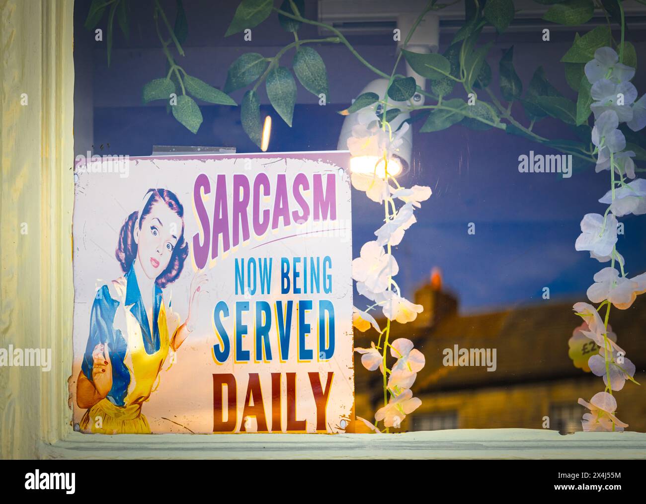 A HDR image of a humorous 1950's sign, "Sarcasm Now Being Served Daily ...