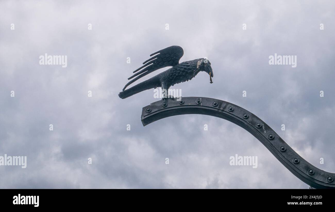 BUDAPEST/HUNGARY - 2023-05-06: Raven with a ring in its beak at the ...