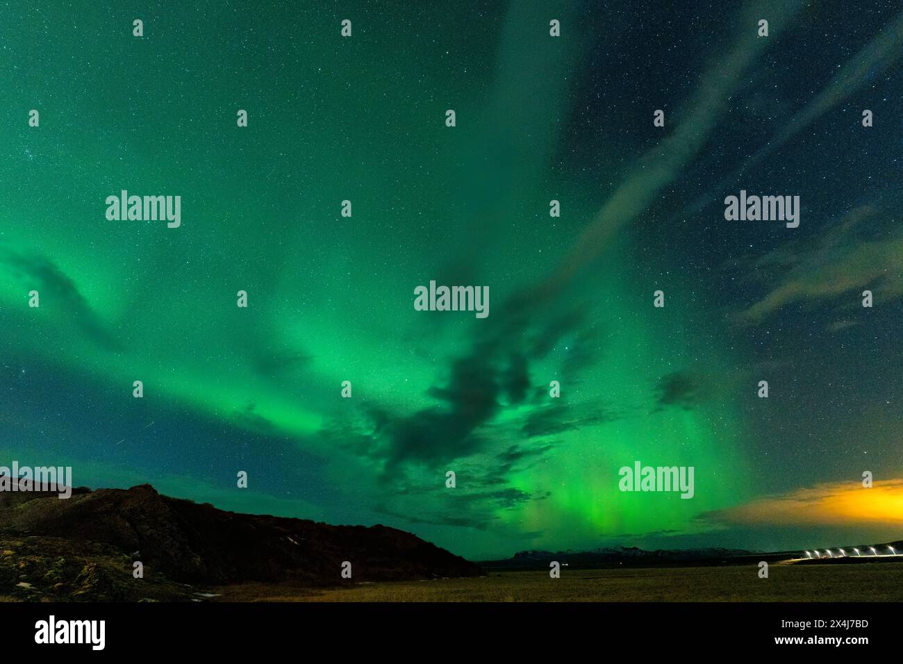 Magical green color of Aurora Borealis, Northern lights glowing and ...