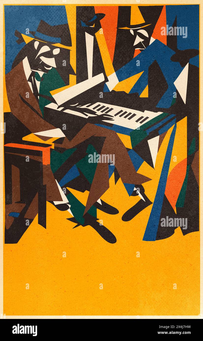 A jazz group with a man playing piano, jazz poster template, extremely ...