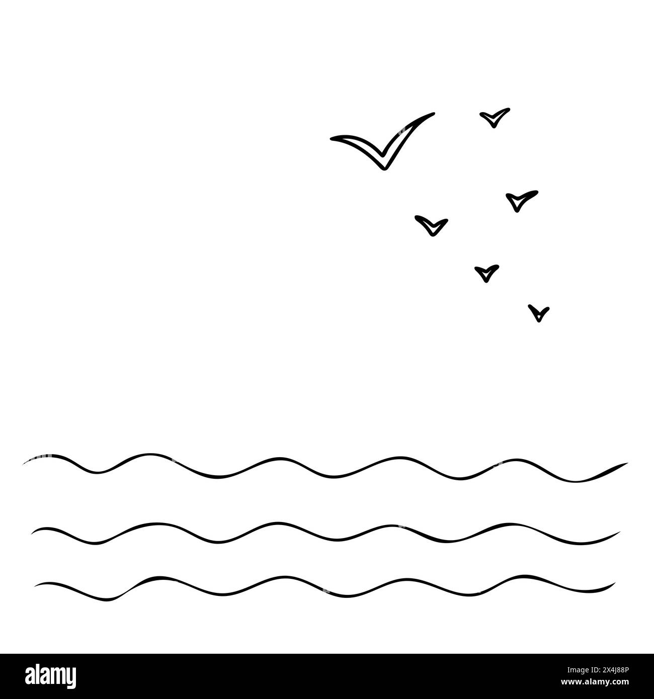 A flock of birds on sea horizon. Vector hand drawn simple illustration ...