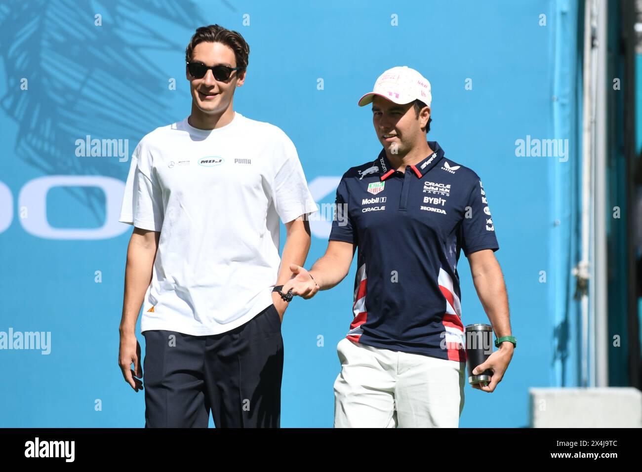George Russell of Great Britain and driver of the (63) Mercedes walks ...