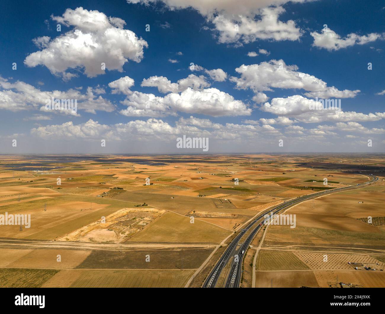 Aerial view of fields in La Mancha in summer near Manzanares (Ciudad ...