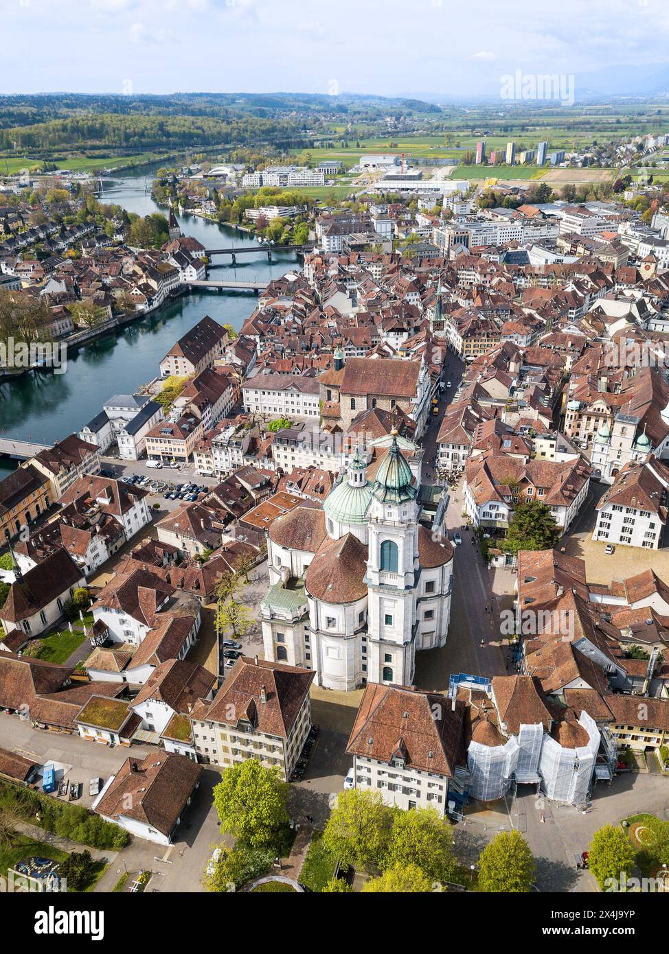 Aerial views of the old town of Solothurn city with St. Ursus Cathedral ...