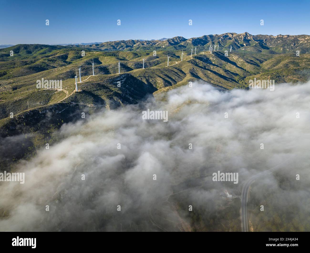 Aerial view of the Cardó - Boix mountain range on a winter morning with ...