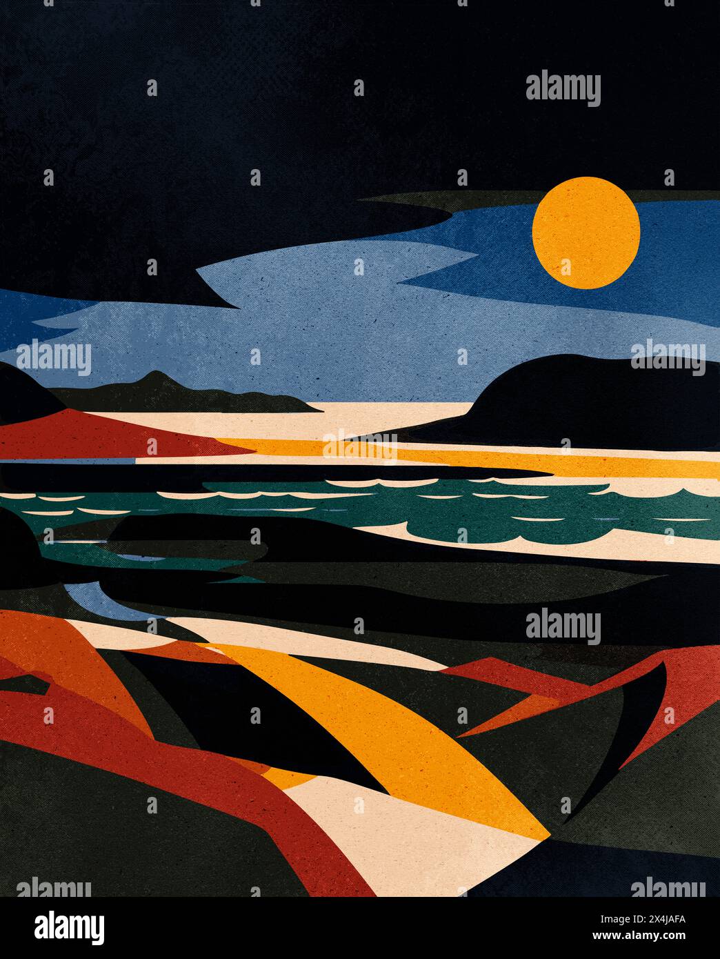 A sunset over the sea, looking at the full moon, book cover template ...