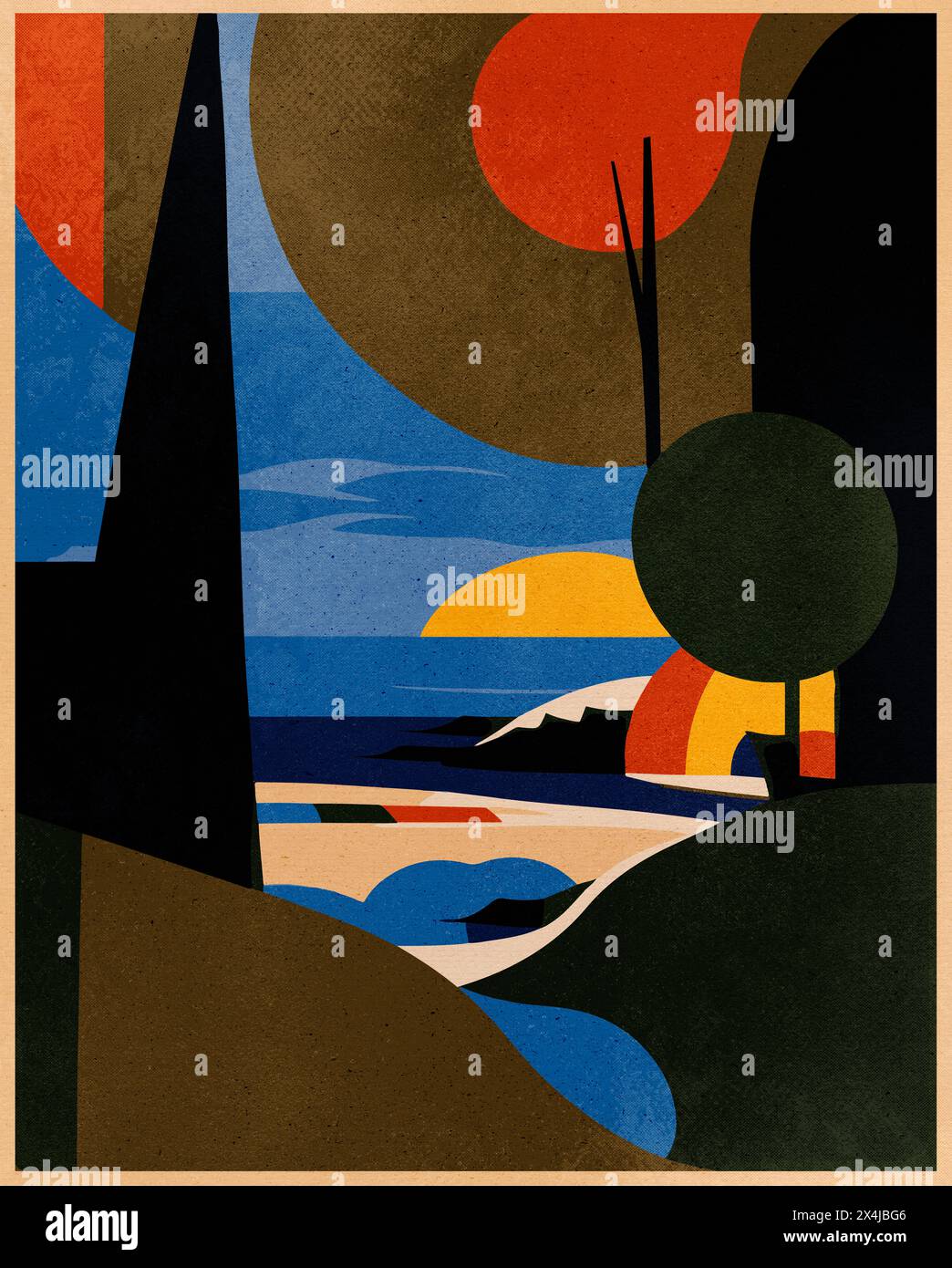 An illustration of a sunset over a body of water, bauhaus poster, thick ...