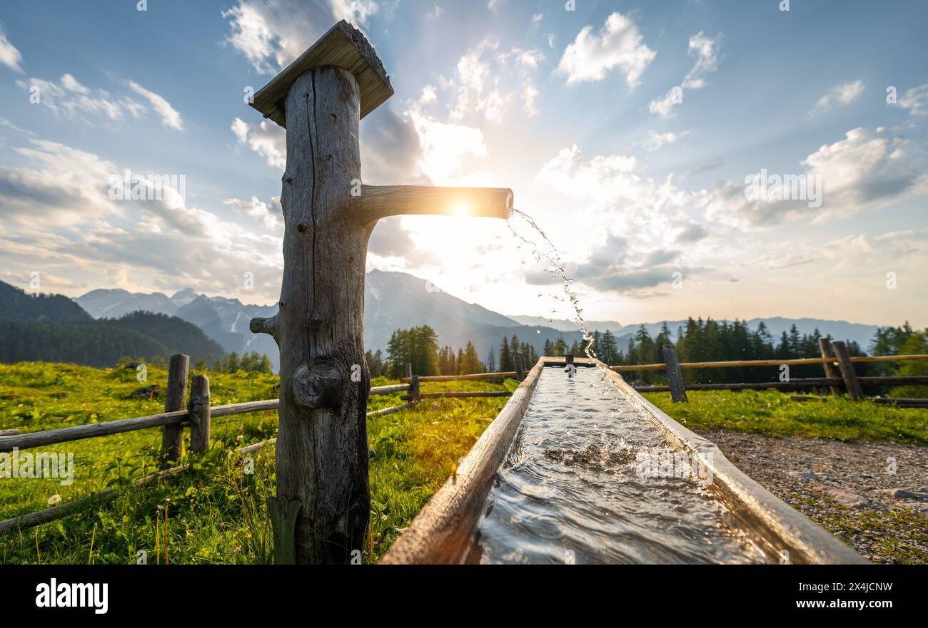 wooden drinking trough with flowing water. Alpine Mountains in ...