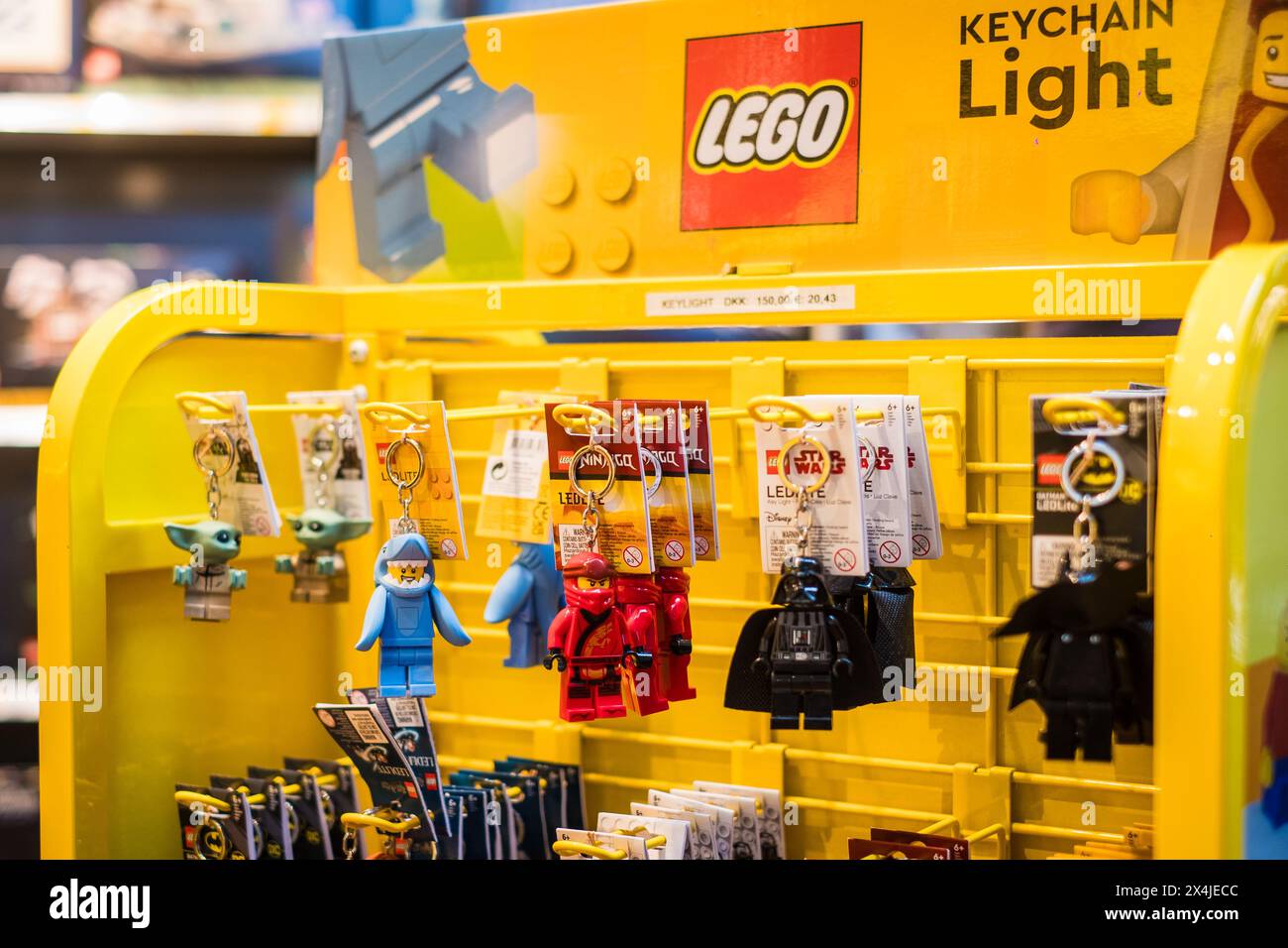 Copenhagen, Denmark - April 7, 2024: Lego keyrings Lego brand shop in ...