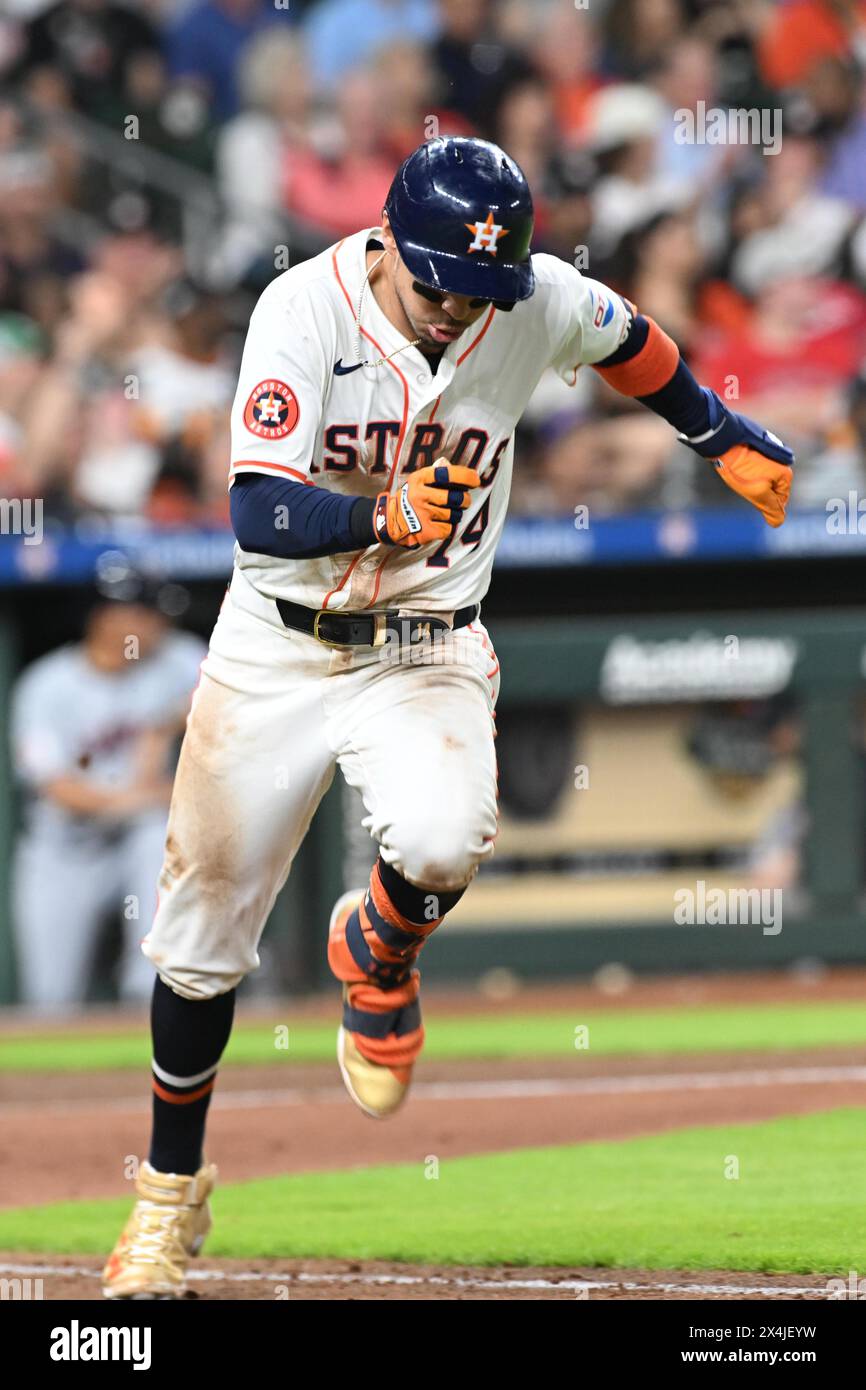 Houston Astros outfielder Mauricio Dubón (14) doubles to left in the bottom of the eighth inning ...