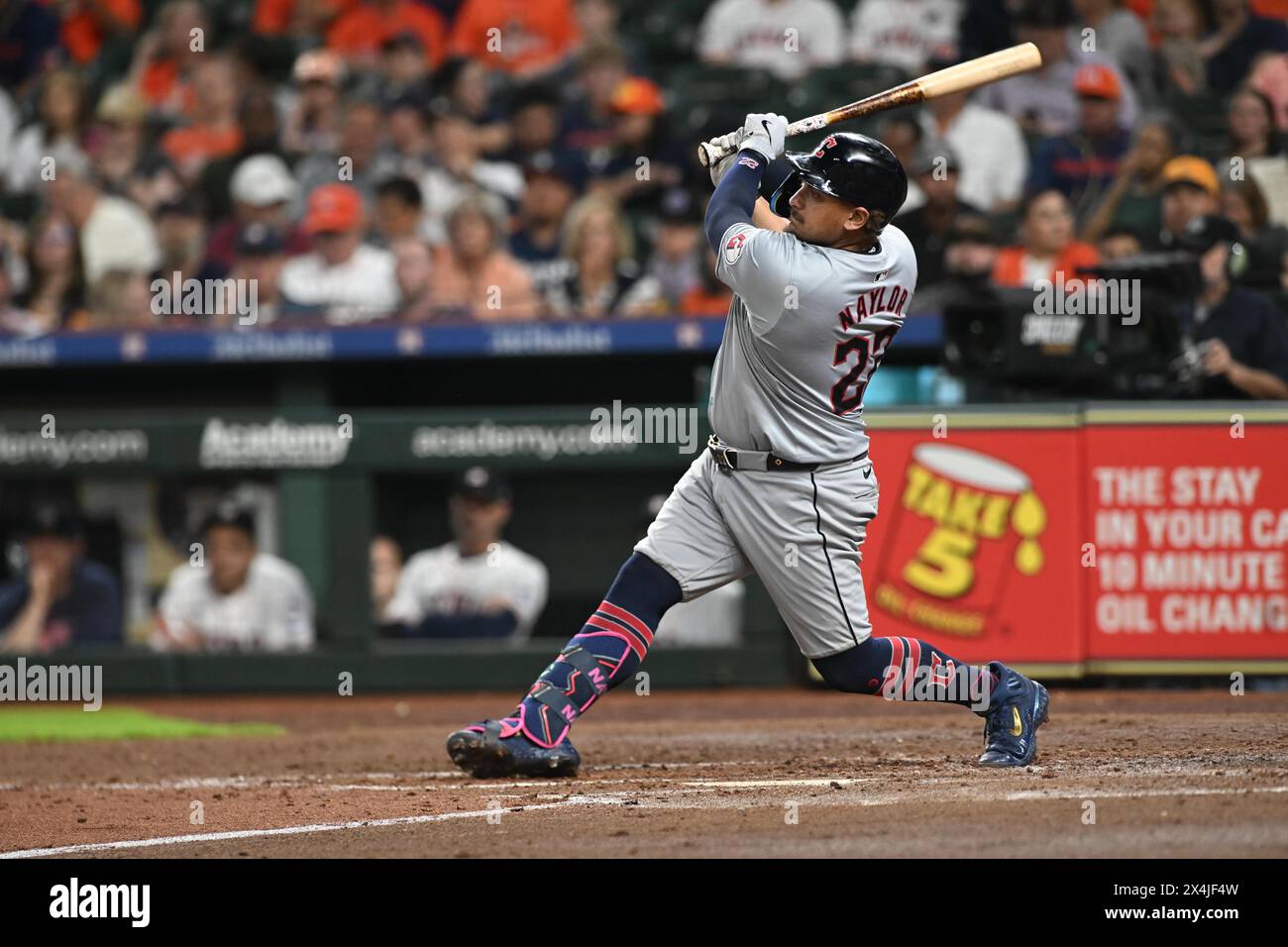 Cleveland Guardians first base Josh Naylor (22) flies out to center in ...