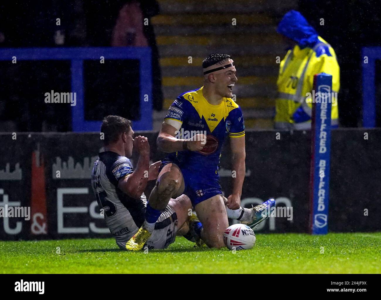 Warrington Wolves' Josh Thewlis celebrates after scoring his side's ...