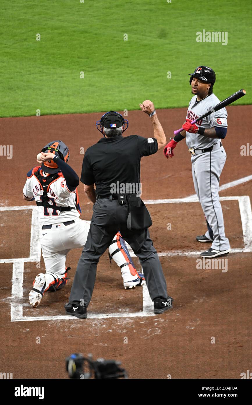 Cleveland Guardians third base José Ramírez (11) takes a called strike ...