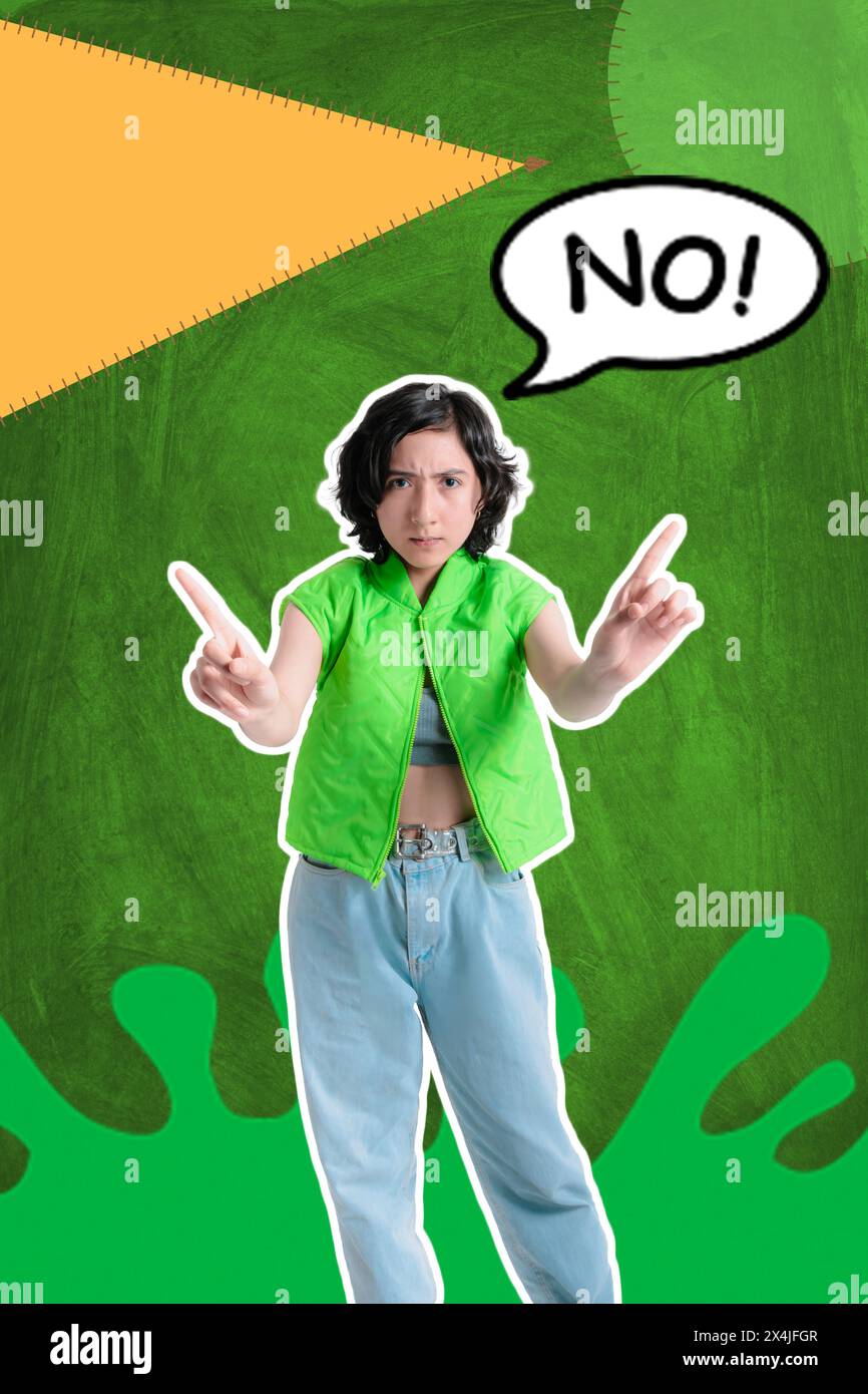 Creative photo, collage, young girl on colorful background she says no ...
