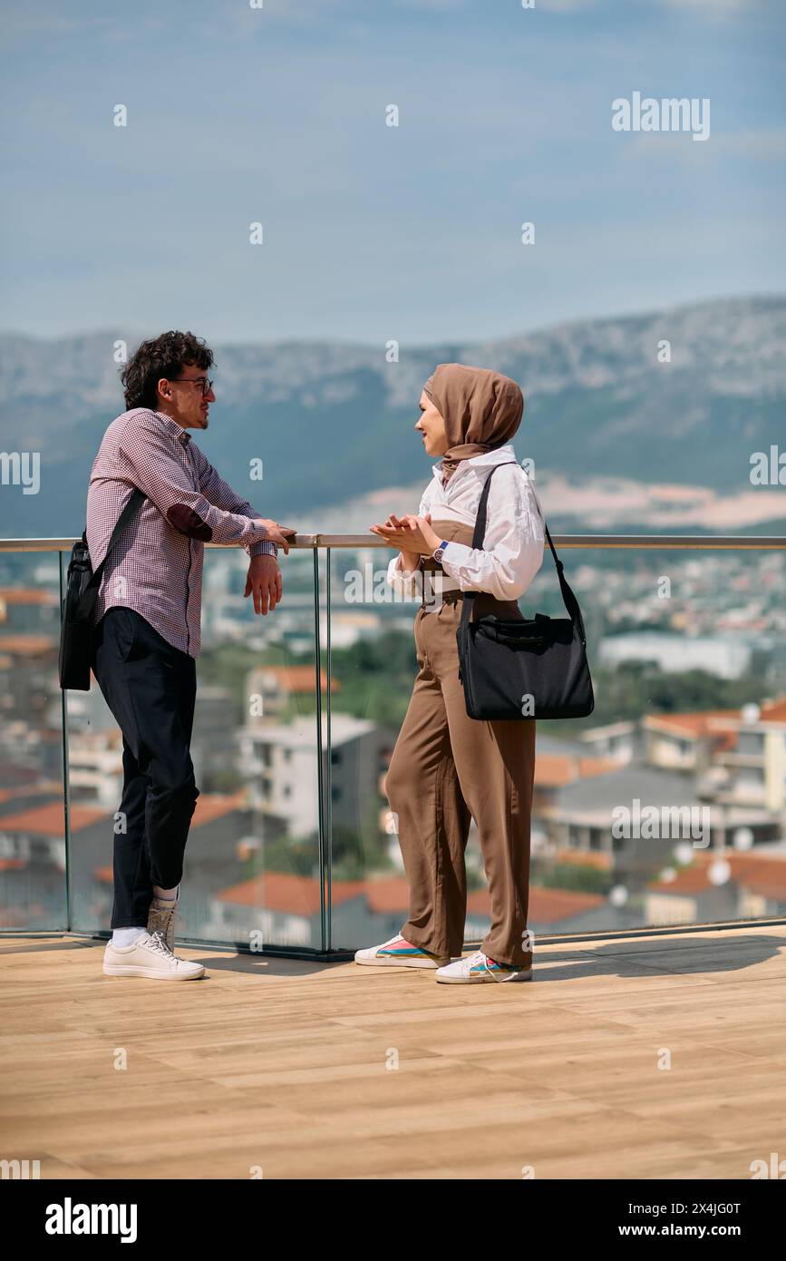 After a day at the office, a business man engages in conversation with ...