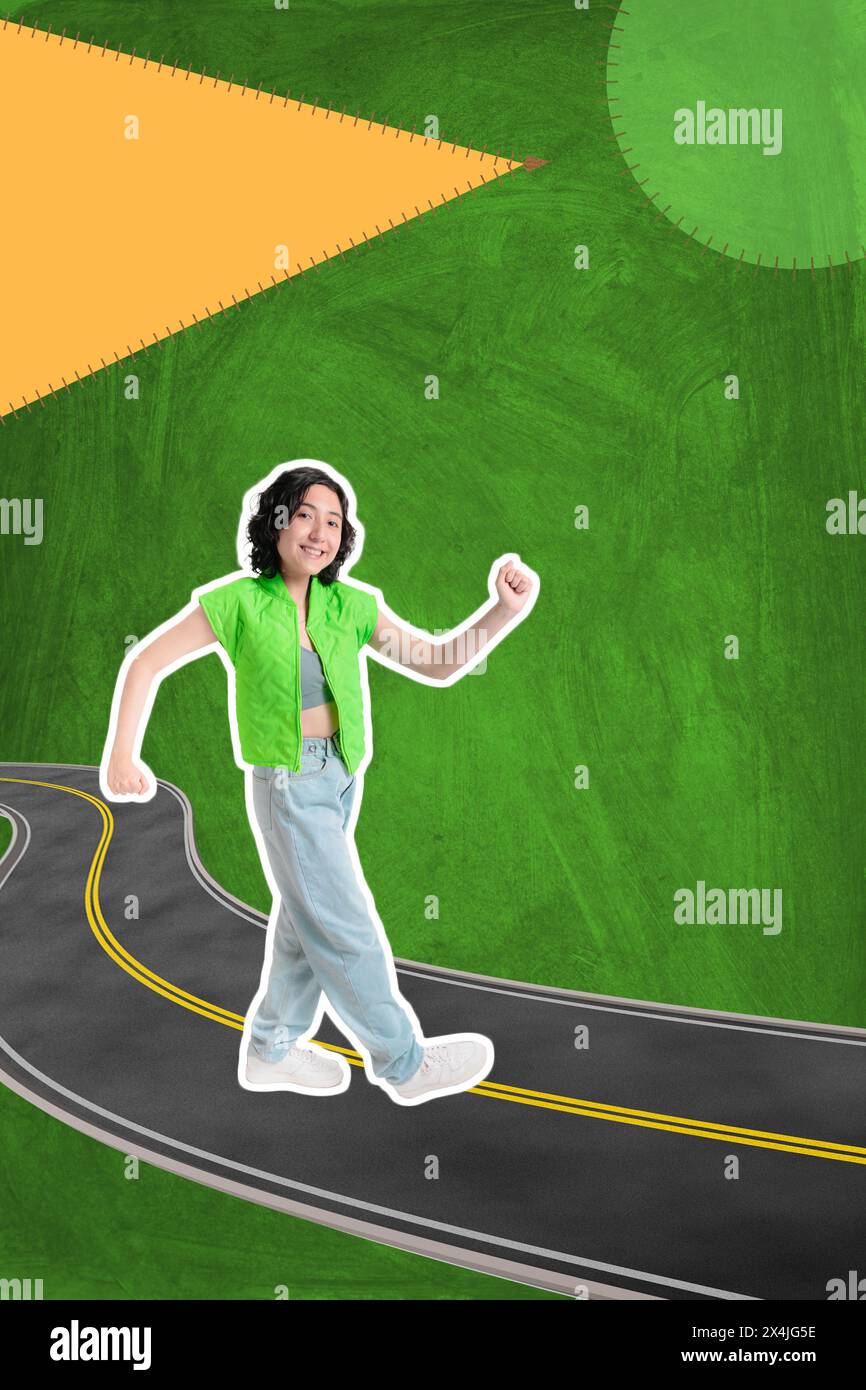 Creative photo, collage, young girl on colorful background, she is ...