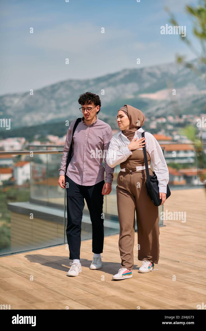 After a day at the office, a business man engages in conversation with ...