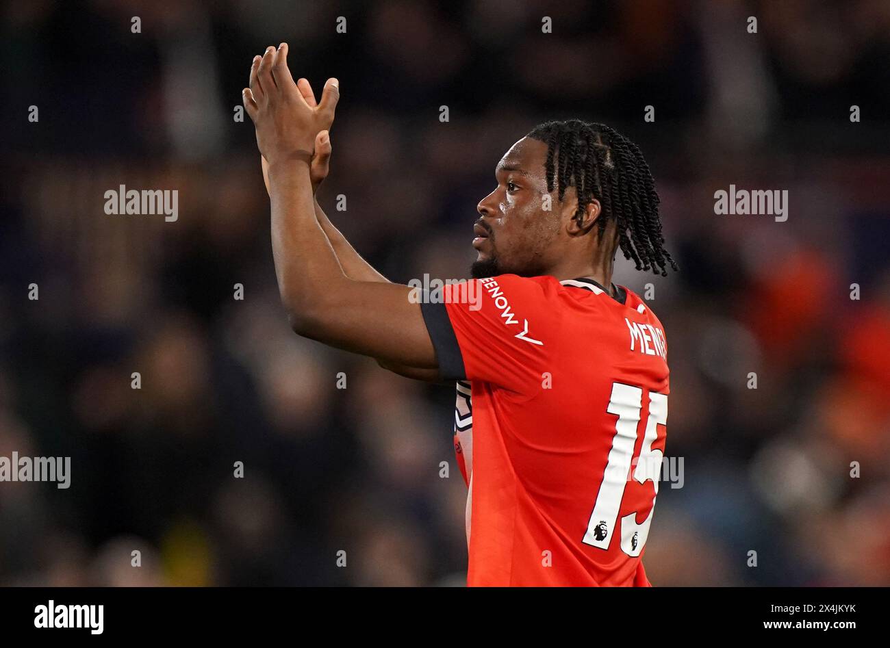 Luton Town's Teden Mengi applauds the fans after the Premier League ...