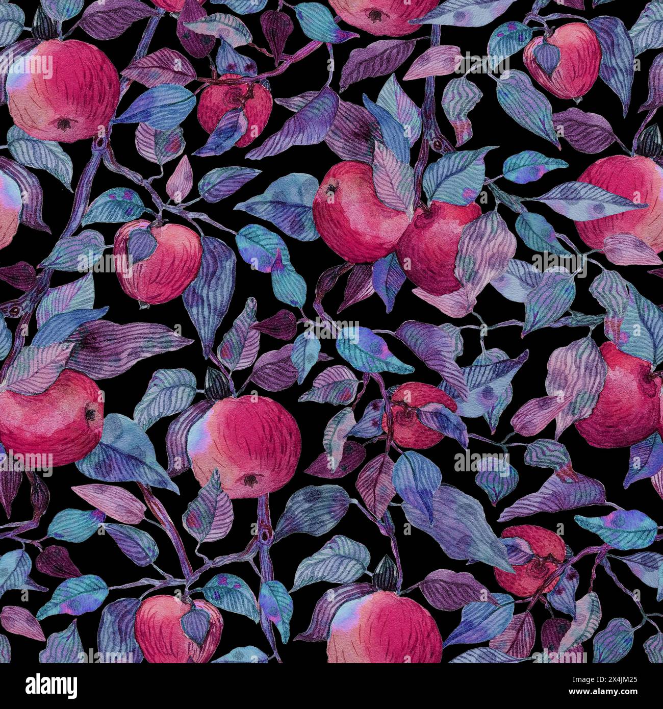 Seamless pattern apple tree branch with red apples watercolor stylized ...