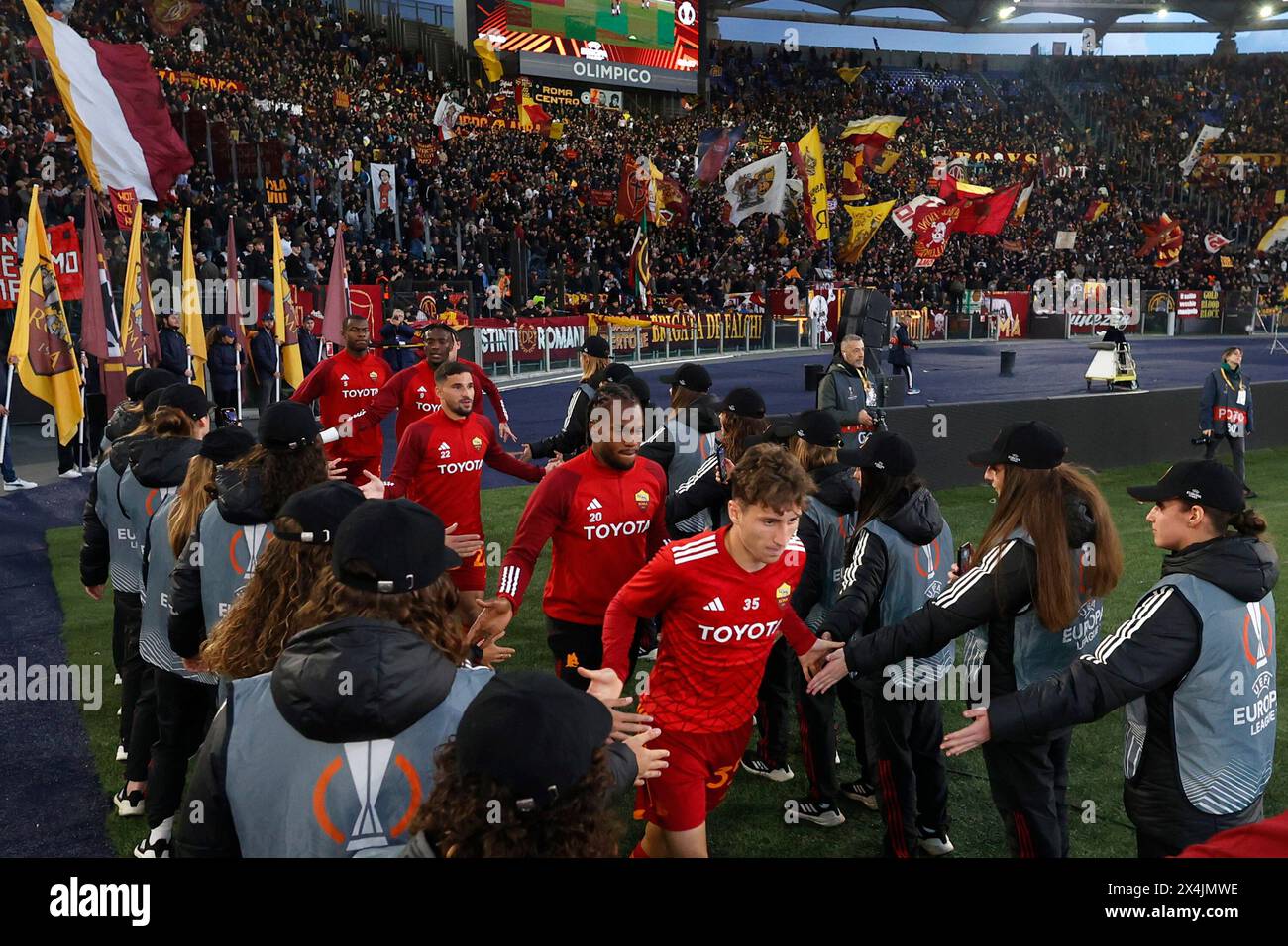 Rome, Italy, May 2, 2024. RomaÕs players arrive for the warming up ...