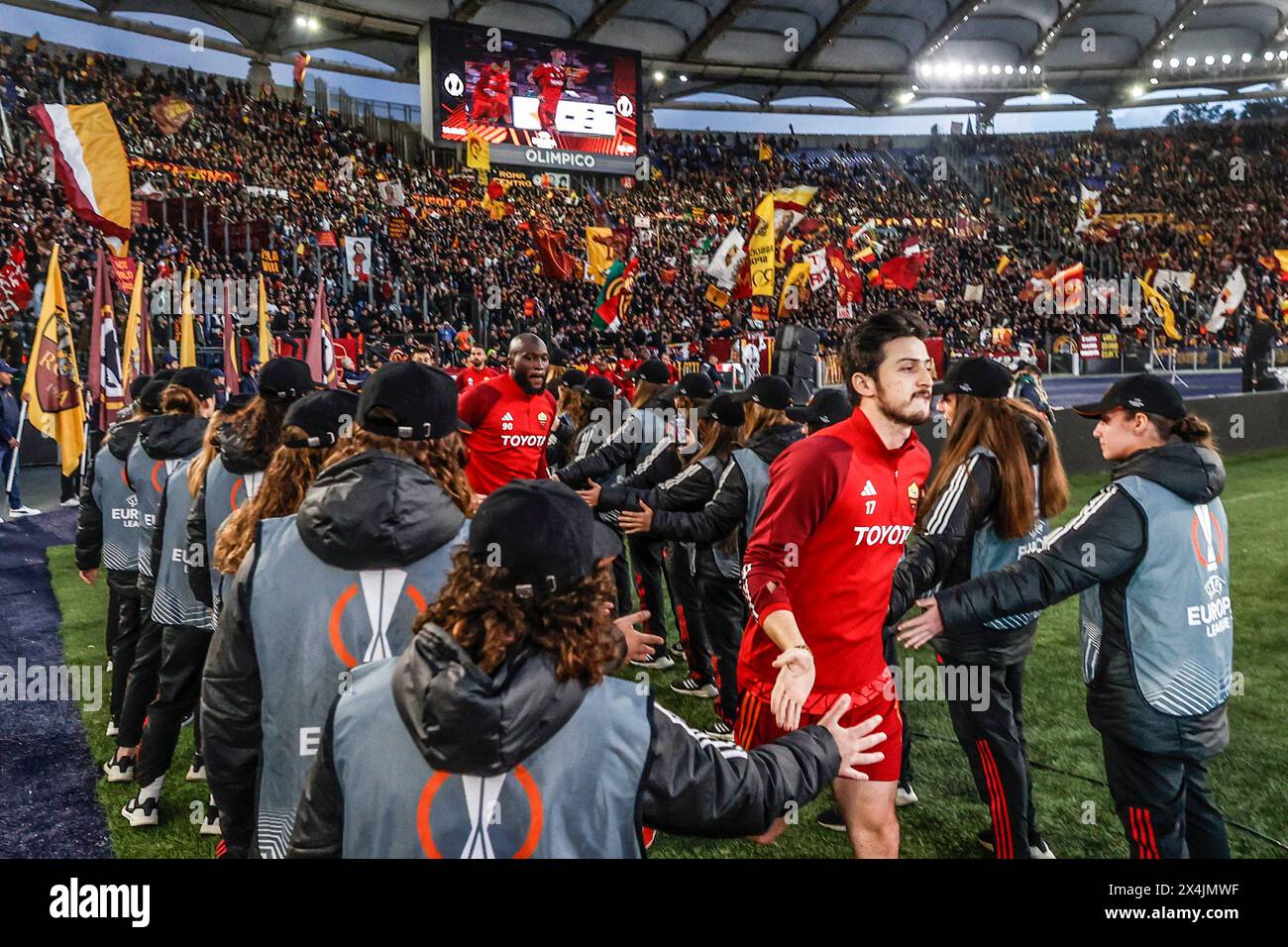 Rome, Italy, May 2, 2024. RomaÕs players arrive for the warming up ...