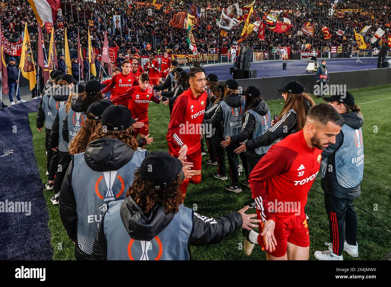 Rome, Italy, May 2, 2024. RomaÕs players arrive for the warming up ...