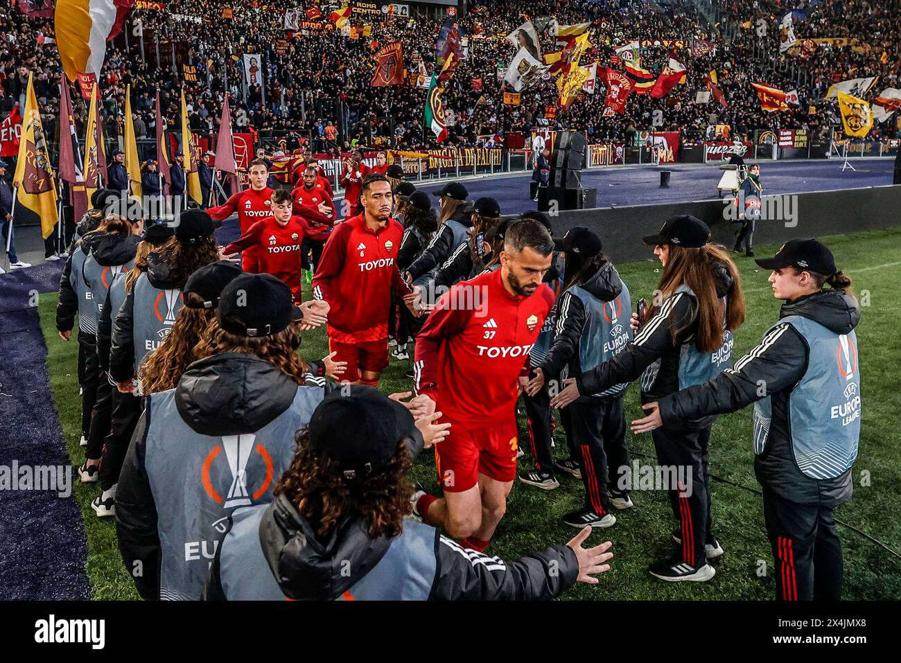 Rome, Italy, May 2, 2024. RomaÕs players arrive for the warming up ...