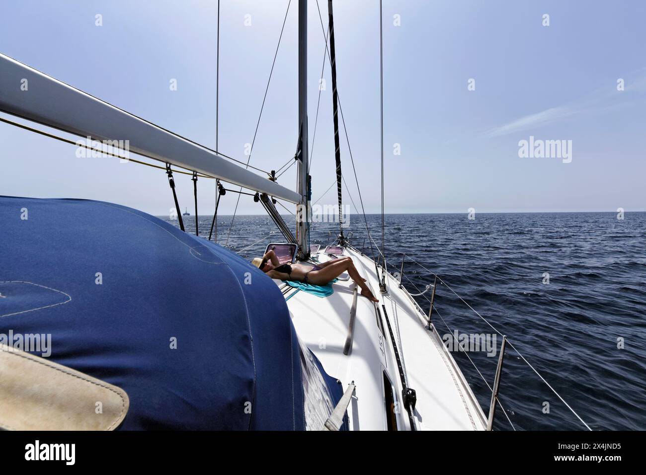 Mediterranean sea, Sicily Channel, woman on a sailing boat Stock Photo ...