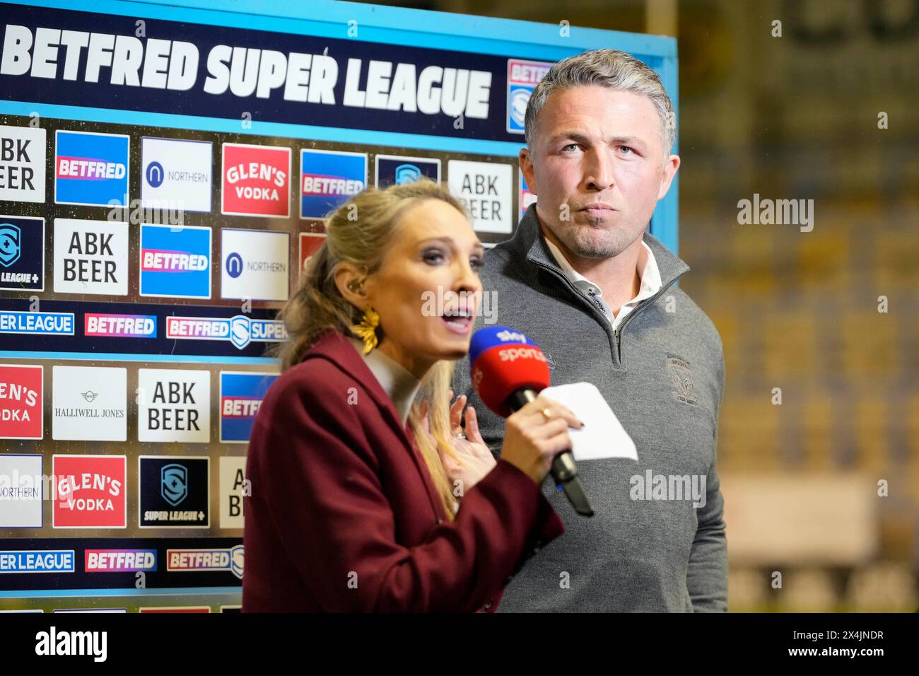 Sam Burgess, Head Coach of Warrington Wolves is interviewed after the ...