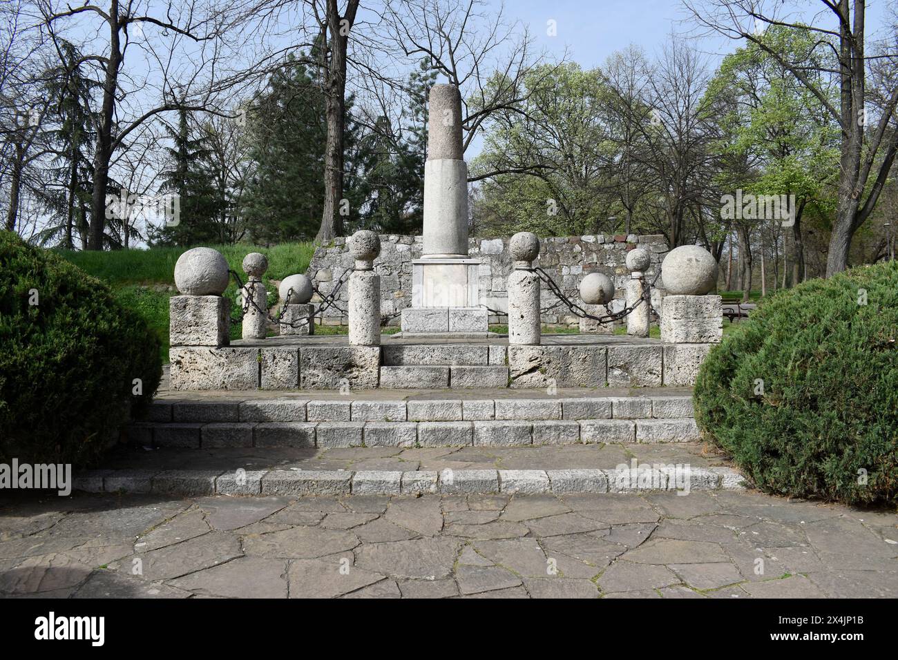 Blue sky and sunny spring day with a monument in the Nis fortress in ...