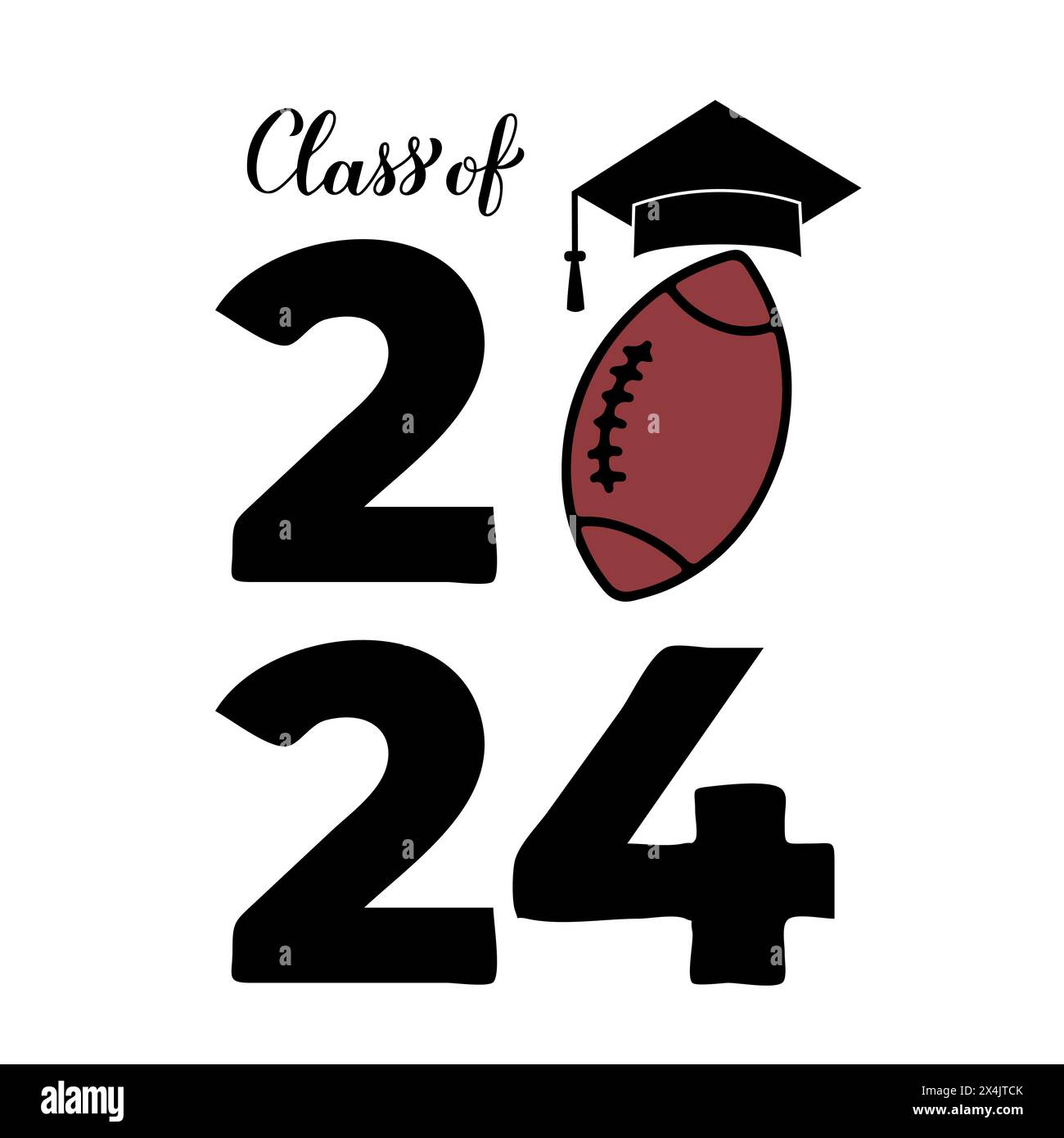 Class of 2024 lettering with graduation hat and football ball ...