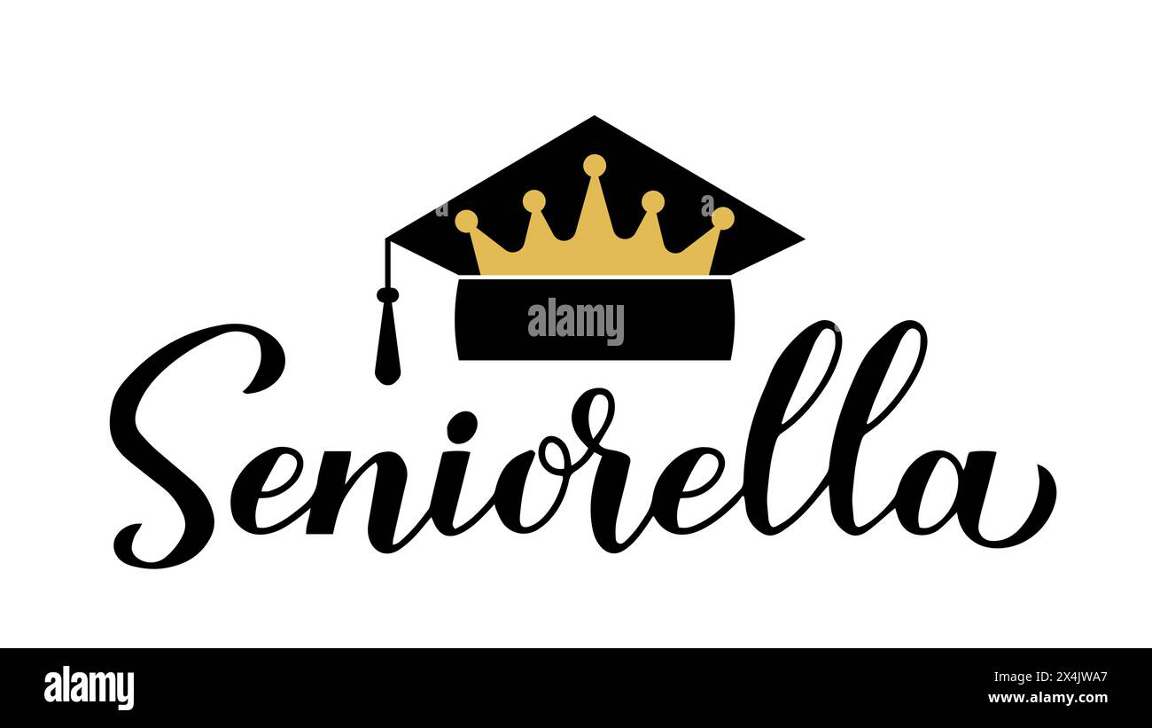 Seniorella calligraphy lettering with graduation hat isolated on white ...