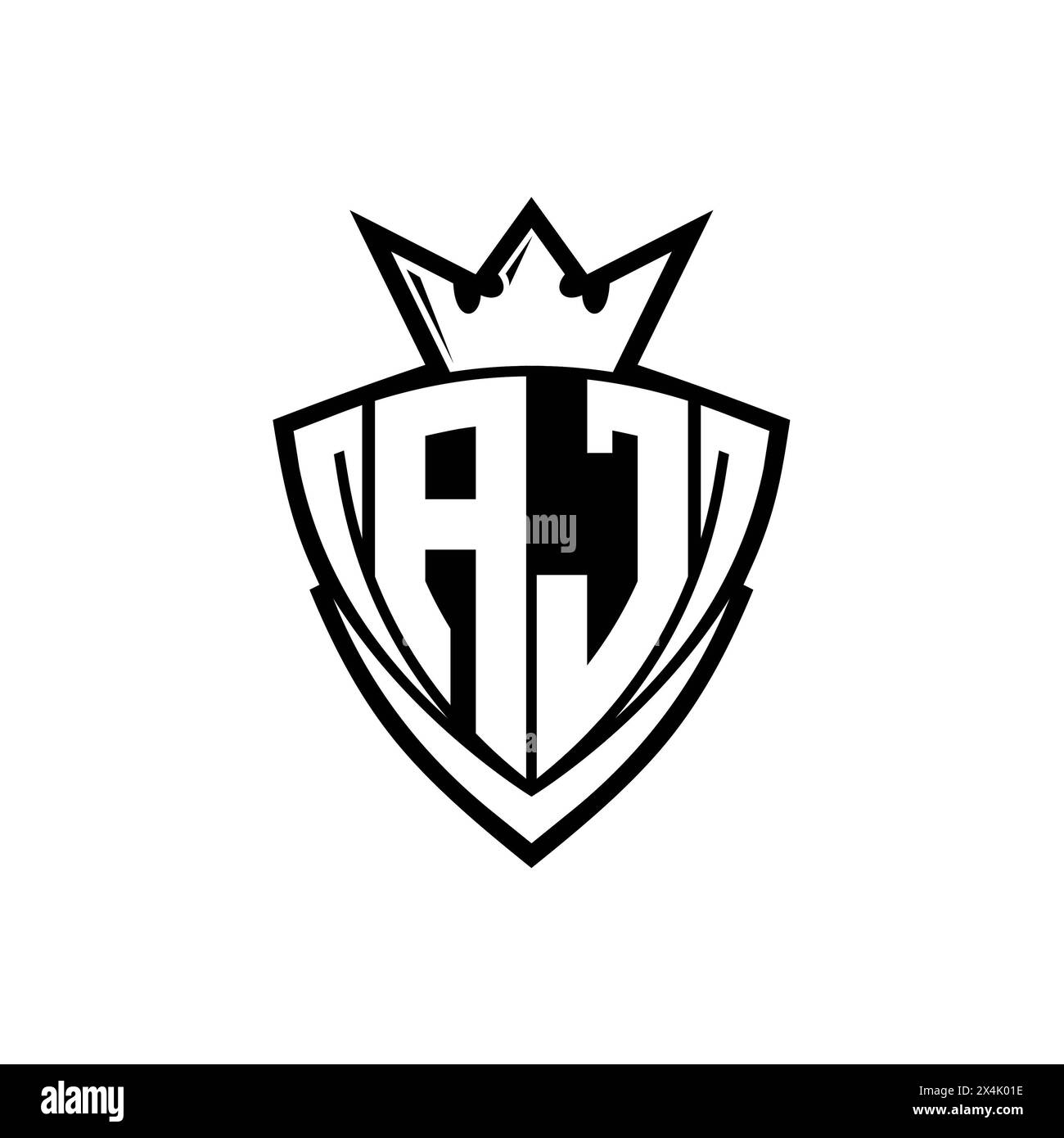 AJ Bold letter logo with sharp triangle shield shape with crown inside ...