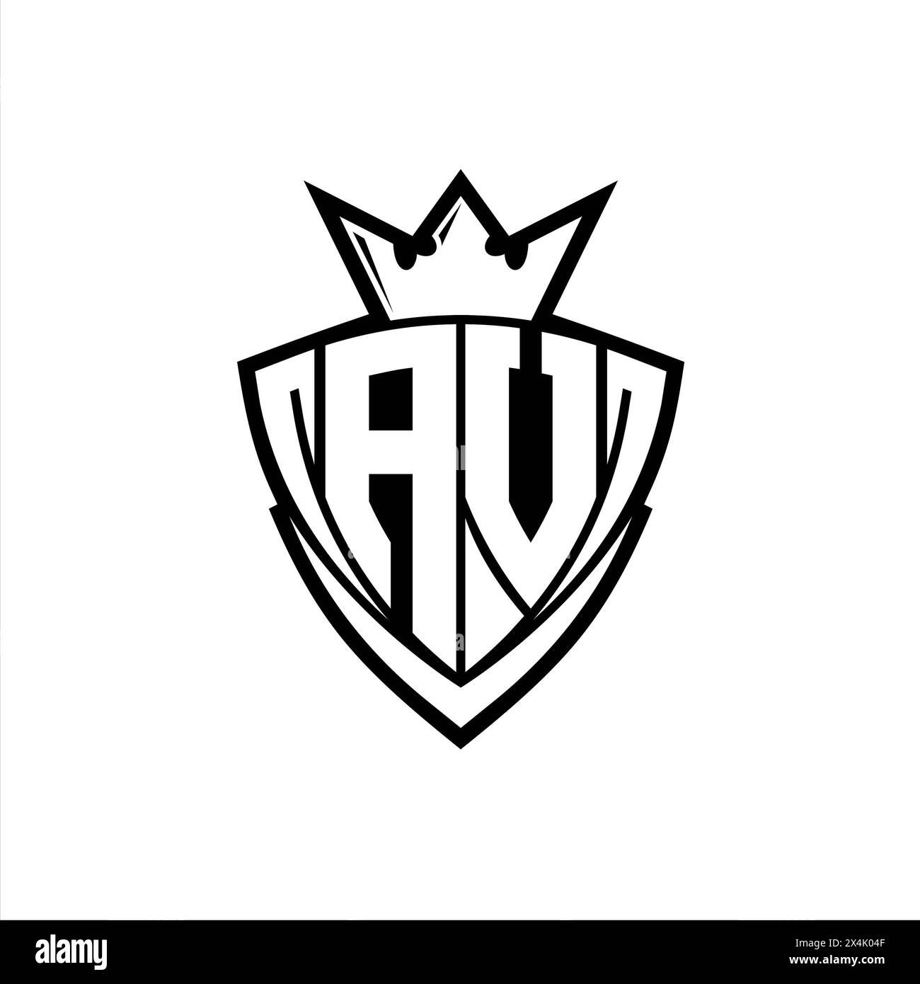 AV Bold letter logo with sharp triangle shield shape with crown inside white outline on white ...